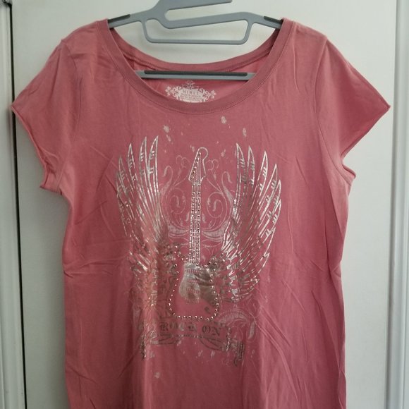 Mixit | Tops | Winged Studded Guitar With Rosegold Foil Short Sleeve ...